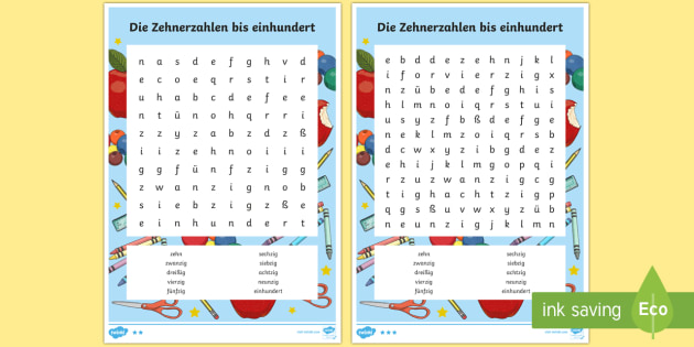 Numbers 10 to 100 Counting in Tens Word Search German