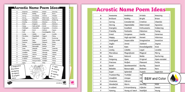 Word List for Acrostic Name Poems (teacher made)