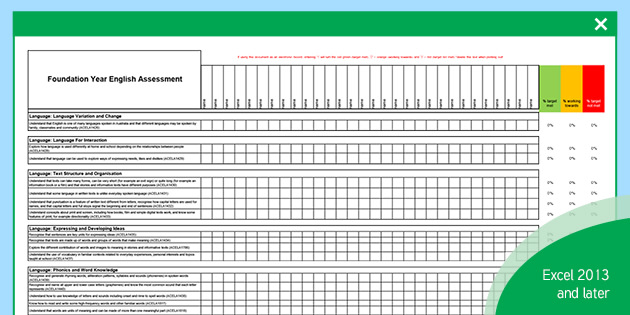 Australian Curriculum Year F to 6 English Assessment Spreadsheet