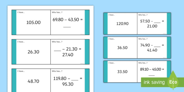 Decimal Subtraction Missing Number Loop Cards