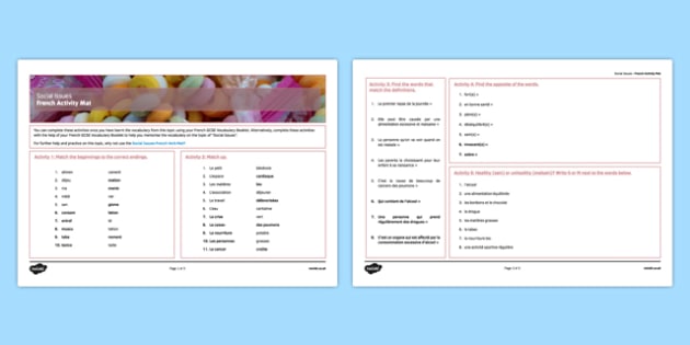 Social Issues French Activity Mat