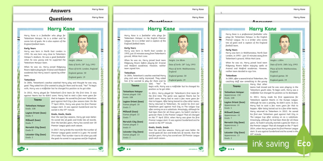 LKS2 Harry Kane Differentiated Reading Comprehension Activity