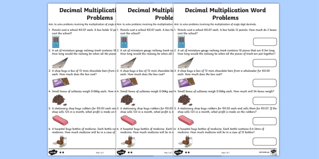 Multiply Single Digit Decimals Word Problems Worksheet