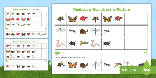 Minibeast Complete the Pattern Worksheets Differentiated