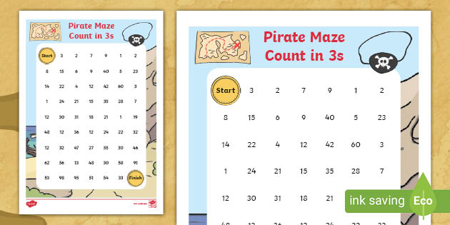 Pirate Themed Counting in 3s Maze Worksheet (teacher made)