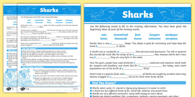 Australian Animals Years 3-6 Sharks Differentiated Cloze Passage ...