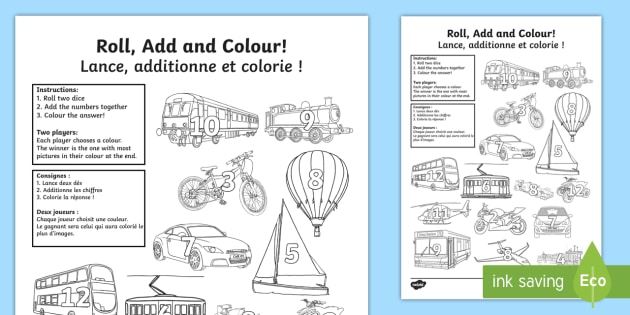 Transport Roll And Colour Worksheet English/French - Transport Roll And ...