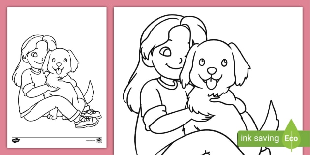Girl Hugging Dog Colouring Sheet