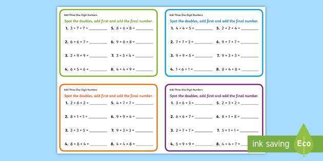 Add Three One Digit Numbers Doubles KS1 Maths Challenge Cards