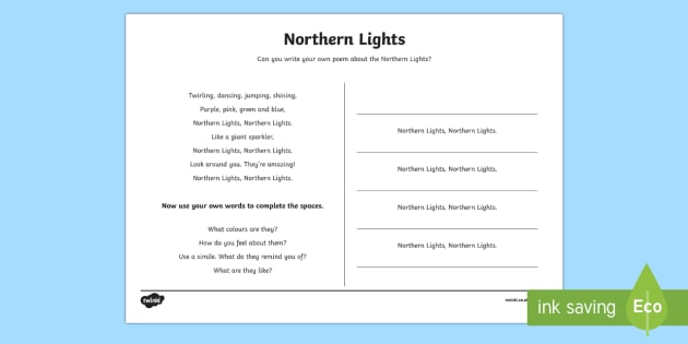 Northern Lights Poem Worksheet / Worksheet - CfE, polar lands, aurora