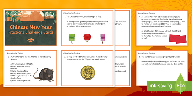 UKS2 Chinese New Year Fractions Maths Challenge Cards