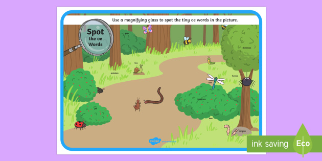 Phase 5 oe Words Minibeasts Scene Magnifying Glass Worksheet / Worksheet