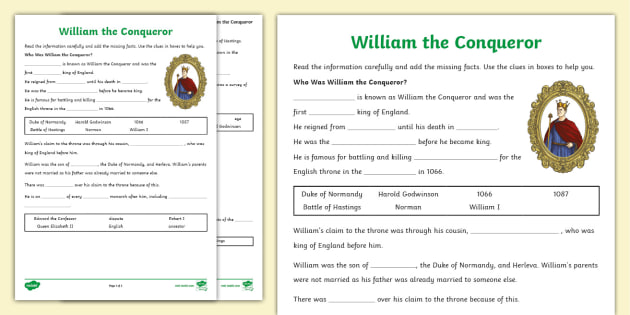 UKS2 William the Conqueror Activity Sheet (teacher made)