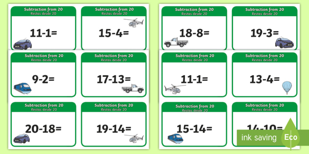 Subtraction from 20 Cards English/Spanish - EAL, Subtraction From 20 Cards