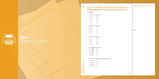 👉 Differentiation of Functions Prior Knowledge Multiple Choice Questions