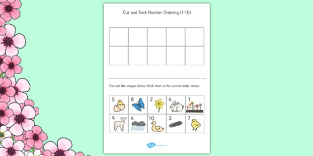 Spring Themed Cut and Stick Number Ordering Sheets 1-10 - number