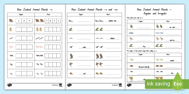 New Zealand Animal Plurals Differentiated Worksheets