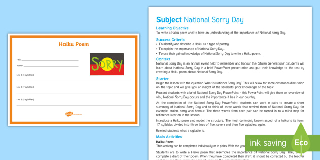 National Sorry Day Haiku Poem Lesson Plan - Primary Resource