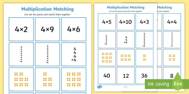 4 Times Table Multiplication Matching Puzzle - times table, multiplication