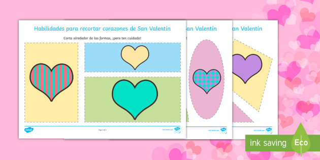 Hoja para recortar corazones de San Valentin Ficha de motricidad fina