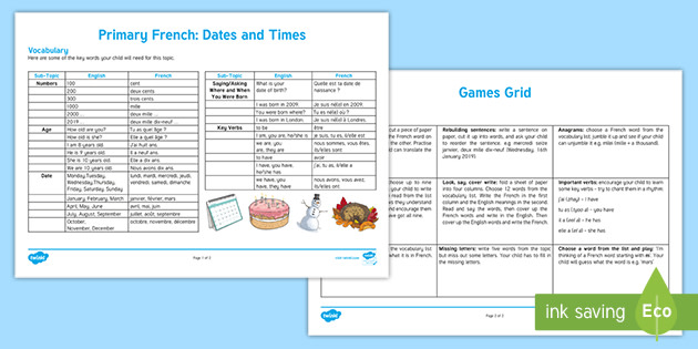 Primary French: Dates and TImes Parent and Carer Information Sheet