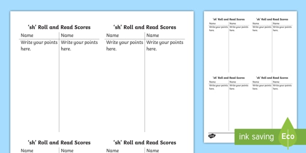 'sh' Sound Roll and Read Score Cards (teacher made)