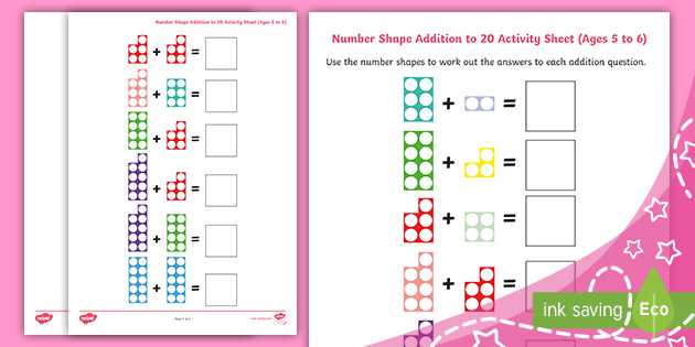 👉 Number Shape Addition to 20 Worksheet (Ages 5 - 6)
