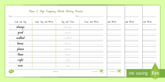 Green High Frequency Words Writing Practice Worksheets