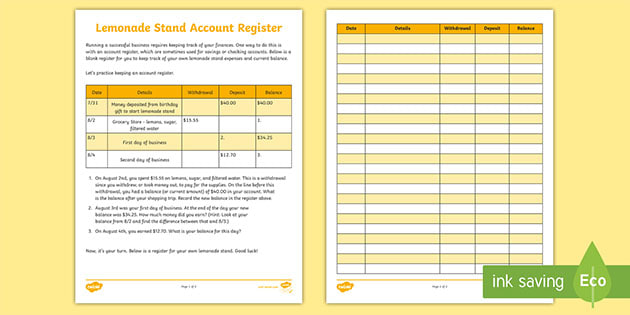 Lemonade Stand Account Register Worksheet