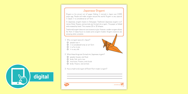 Second Grade Japanese Origami Reading Passage Comprehension Activity