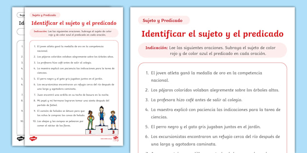 Hoja De Trabajo De Sujeto Y Verbo La Oración: El Sujeto Y El