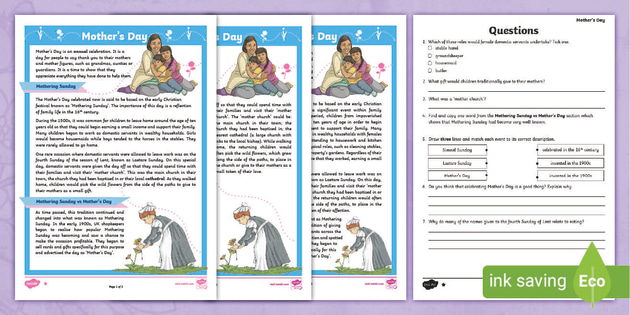 UKS2 Mother's Day Differentiated Reading Comprehension Activity