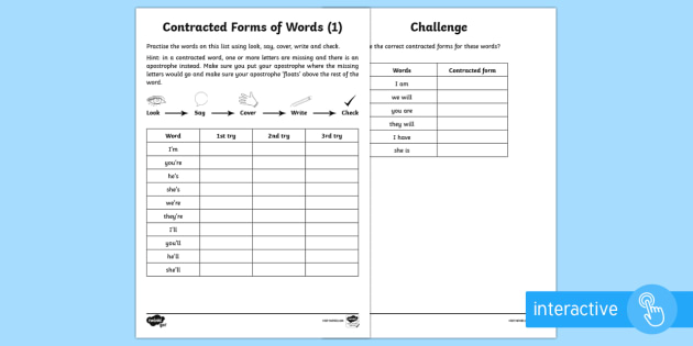 Year 2 Spelling Practice Contracted Forms of Words (1) Worksheet ...