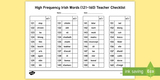 High Frequency Irish Words (121-160) Teacher Checklist Gaeilge