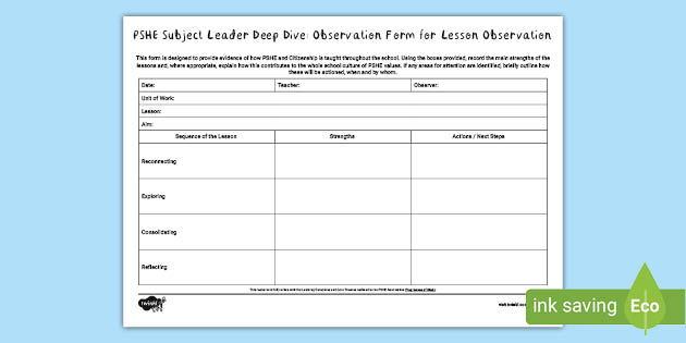PSHE Lesson Observation Form | PSHE Subject Leader Deep Dive PSHE Lesson Observation Form | PSHE Subject Leader Deep Dive