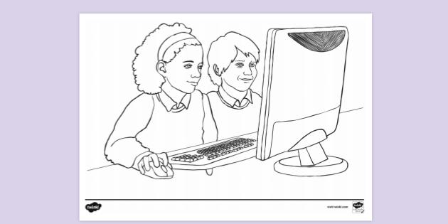 Two Children at a Computer Colouring Sheet | Twinkl