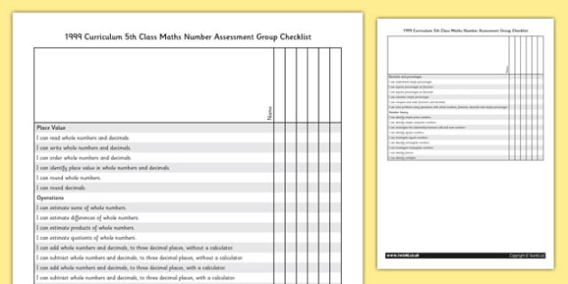 1999 Curriculum 5th Class Maths Number Assessment Group Checklist - roi