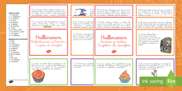 Halloween Tarjetas de desafío de matemáticas de atención a la