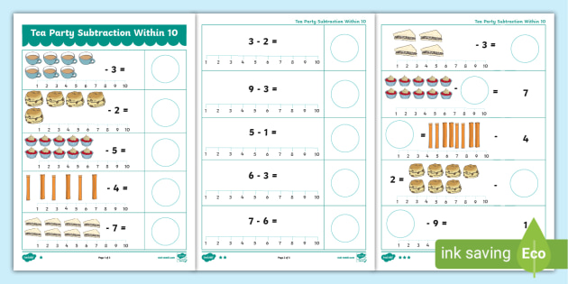 👉 Tea Party Subtraction Within 10 Worksheet - Twinkl