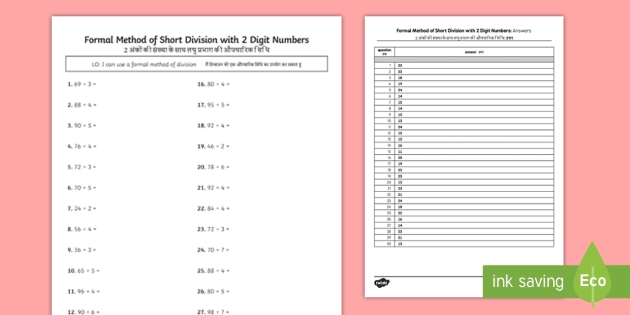 Bus Stop Method Formal Division Of 2 Digit Numbers Worksheet English 