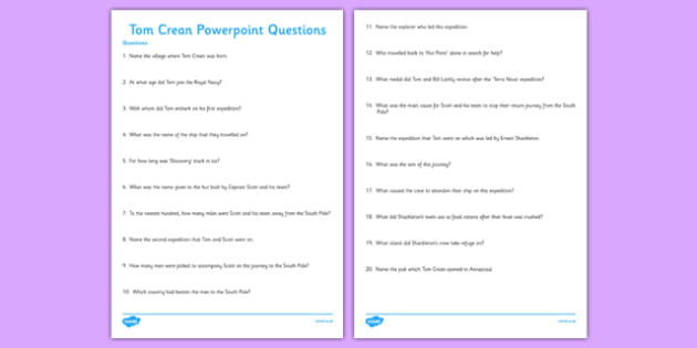 Tom Crean PowerPoint Questions Worksheet (teacher made)