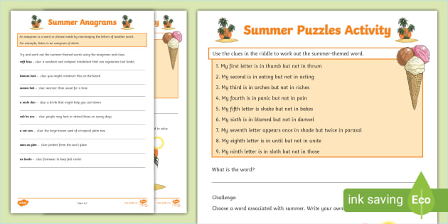 Summer Puzzles Activity Sheets (teacher made)