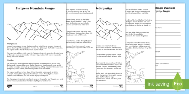 European Mountain Ranges Reading Comprehension Activity English/German