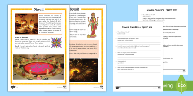 Diwali Differentiated Reading Comprehension Activity - English / Hindi