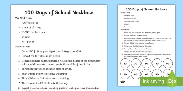 100 Days of School Necklace Counting Activity (teacher made)