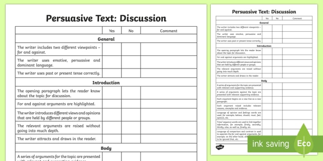 Persuasive Text: Discussion Assessment Checklist