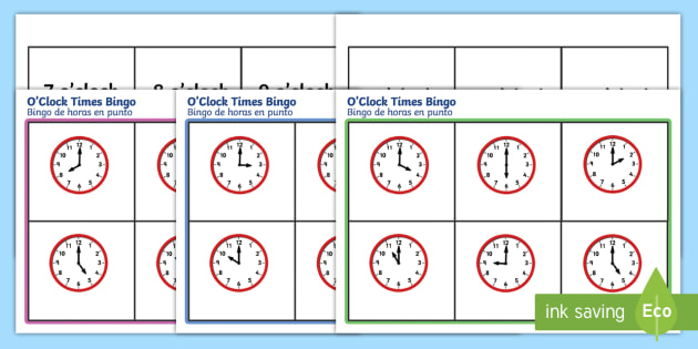 O'Clock Time Bingo English/Spanish (teacher made)