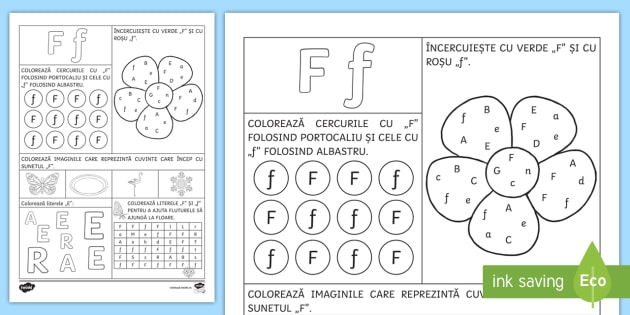 Recunoașterea literei F - Fișă de lucru - clasa pregătitoare, alfabetul