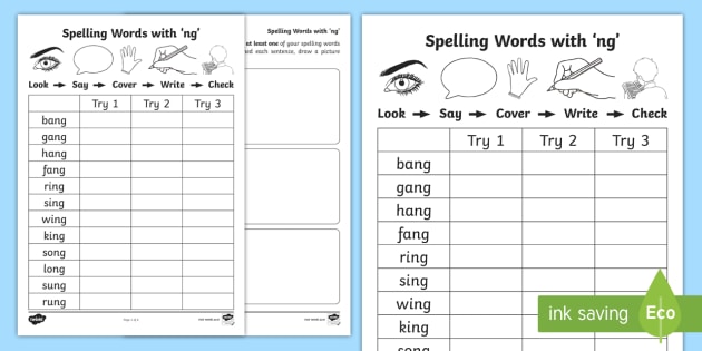 'ng' Spelling List Worksheets