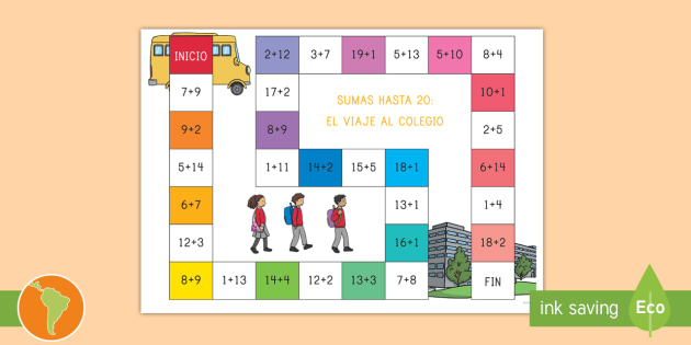 Juego de mesa: Sumas hasta 20 - El viaje al colegio